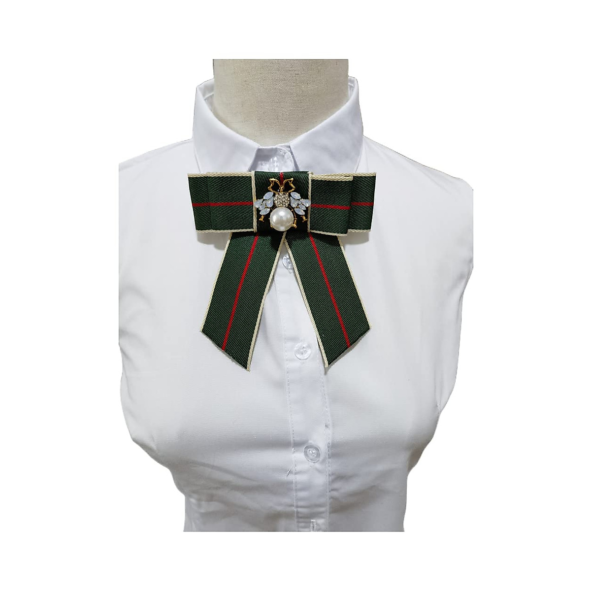 Vpang Crystal Bee Bow Brooch Pre-Tied Neck Tie Brooch Pin Striped Bow Tie for Women Wedding Party Bow Tie (Green)