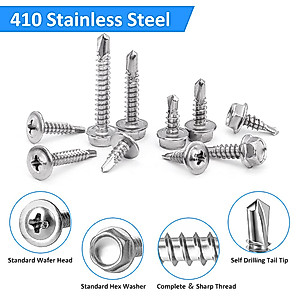 Self Drilling Screws, 420pcs Self Tapping Screws for Metal 410 Stainless Steel Sheet Metal Screws #8#10, CGBOOM Wafer Head&Washer TEK Head Screws for Building and Repair