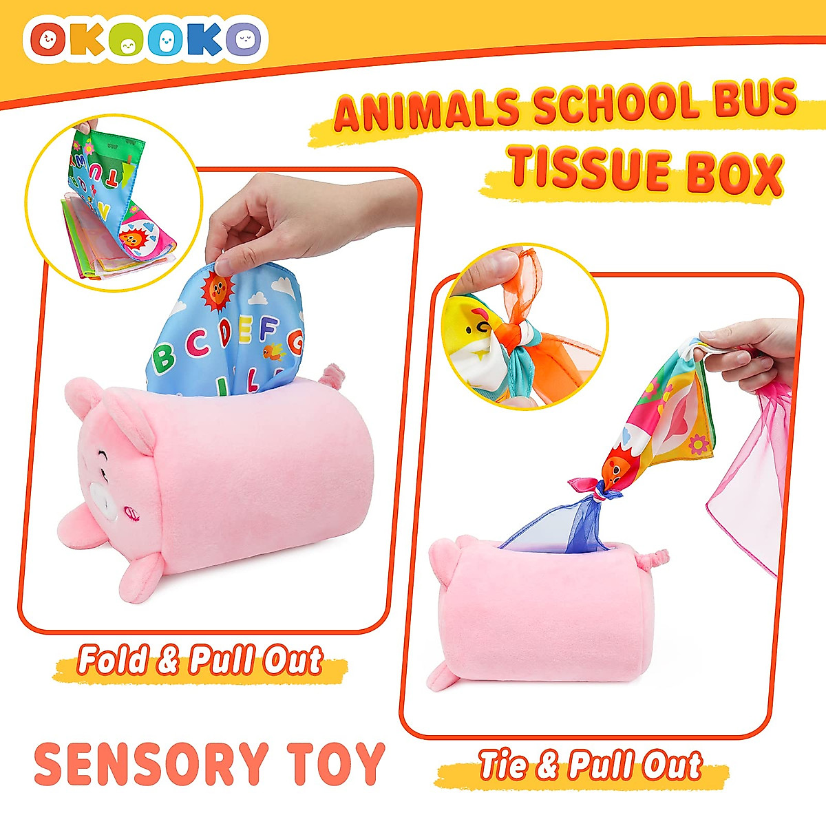 OKOOKO Tissue Box Toy for Baby 6 to 12 Months Soft Stuffed Sensory Toy Strengthen Pincer Grasp Montessori Early Educational Preschool Learning Toy for Newborn Baby Infant Toddler Kid