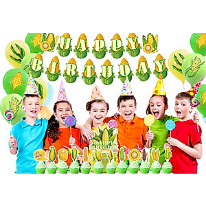 Corn Party Decorations Vegetable Corn Birthday Party Supplies Includes Corn Happy Birthday Banner Cake Topper Cupcake Toppers Balloons for Birthday Baby Shower Wedding Vegetable Party Decorations