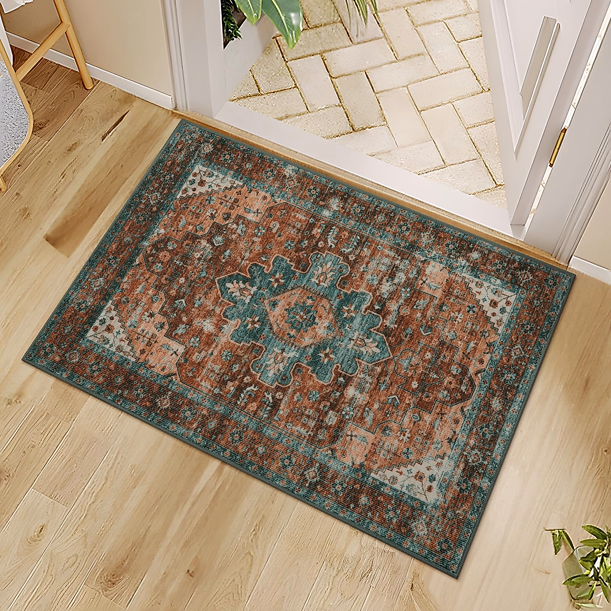 Lahome Boho Retro Ultra-Thin Indoor Door Mat,Washable Non-Slip 20"x32" Small Entryway Rugs Rubber Absorbent Doormats Low-Profile Inside Dirt Trapper for Entry Front Door Entrance