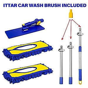 ITTAR Car Wash Brush, 2 Pads Chenille Microfiber Car Wash Mop Kit with 61" Long Handle, Truck Wash Brush Cleaning Tool with Flexible Rotation Head, Car Wash Wand for RV, SUV, Tile Floor(Blue)