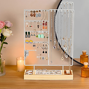ProCase Jewelry Organizer Stand Earring Holder Organizer, 6 Tiers Earring Organizer Tree Necklace Rack Jewellery Tower Bracelets Holder Storage with Removable Wooden Ring Tray for Women Girls -White