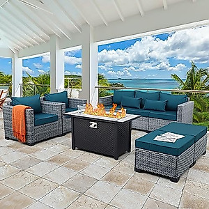 Lviden 6 Pieces Wicker Patio Furniture Sets Outdoor Conversation Set PE Rattan Sectional Sofa Couch with 45" Fire Pit Table and Peacock Blue Cushions