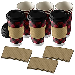Live It Up! Party Supplies Disposable Coffee or Hot Chocolate Cups - Red and Black Buffalo Plaid (Buffalo Plaid, 12-ct with Blank Kraft Sleeves)