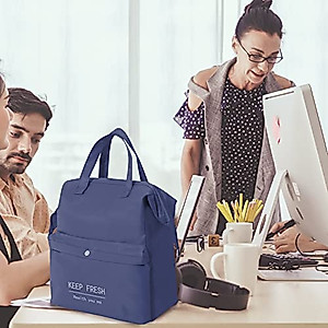 Mziart Large Insulated Lunch Bag with Adjustable Shoulder Strap, Reusable Bento Lunch Bag Wide-Open Lunch Tote Bag Handbag Lunch Box Cooler Bag for Women Men Office Work Picnic Beach(Dark Blue)