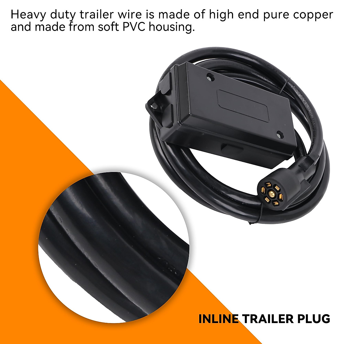 Emptty Inline Trailer Plug, Heavy Duty 7 Way Plug Inline Trailer Cord with 7 Gang Junction Box - 8 Feet Ideal for RVs, Trailers, Campers, Caravans, Trucks, Food Trucks and Other Towing Vehicles