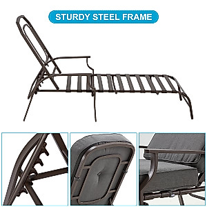 U-MAX Adjustable Outdoor Chaise Lounge Chair Patio Lounge Chair Recliner Furniture with Armrest and Cushion for Deck, Poolside, Backyard （Grey）