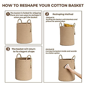 Goodpick Tall Wicker Laundry Basket with Handles, Boho Decorative Storage Basket for Living Room, Bedroom, Entryway, Bathroom, Large Woven Blanket Basket for Pillows, Towels, Shoes, Jute, 16" x 20"