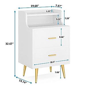 Tribesigns White Nightstand, Modern Bedside Table with 2 Drawers, Nightstands with heightened Shelves, Tall Nightstand with Golden Metal Legs, Bed Night Table for Bedroom, Big Wooden Night Stand