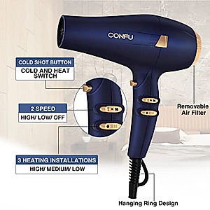 CONFU Hair Dryer, 1875W Professional Salon Blow Dryer, with Diffuser and Concentrator Nozzles Negative Ionic Hair Blow Dryer 2 Speed 3 Heat Quick Drying Suitable for Hairdressers Family Styling