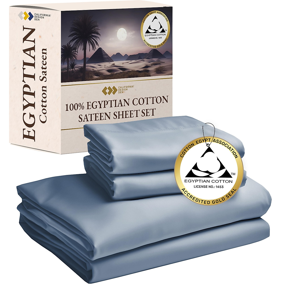 Certified Luxury 100% Pure Egyptian Cotton Cal King Bedding & Pillowcases Set, Deep Pocket Sateen Cooling Sheets for Hot Sleepers, California King Blue