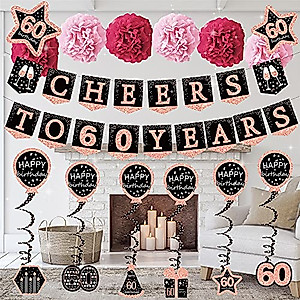60th birthday decorations for women - (21pack) cheers to 60 years rose gold glitter banner for women, 6 paper Poms, 6 Hanging Swirl, 7 decorations stickers. 60 Years Old Party Supplies gifts for women