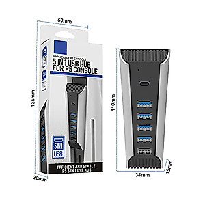 IQIKU PS5 USB Hub, 5 Port USB Hub for PS5, USB High-Speed Expansion Hub Charger USB Extender Compatible with Playstation 5 Console