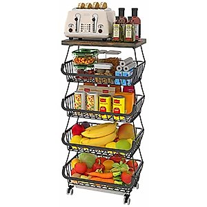 CHLORYARD Fruit Basket with Wooden Lid for Kitchen, 5-Tier Stackable Wire Fruit Vegetable Storage Basket Organizer Stand on Wheel, Produce Basket Potato Onion Storage Bins Rack Cart for Pantry