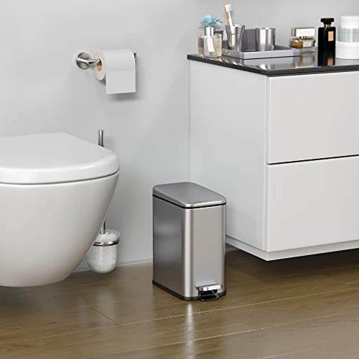 iTouchless SoftStep 1.3 Gallon Small Slim Bathroom Step Trash Can with Removable Inner Bucket & AbsorbX Odor Filter, Stainless Steel, 5 Liter Garbage Bin, Bathroom, Bedroom, Business Office Cubicle