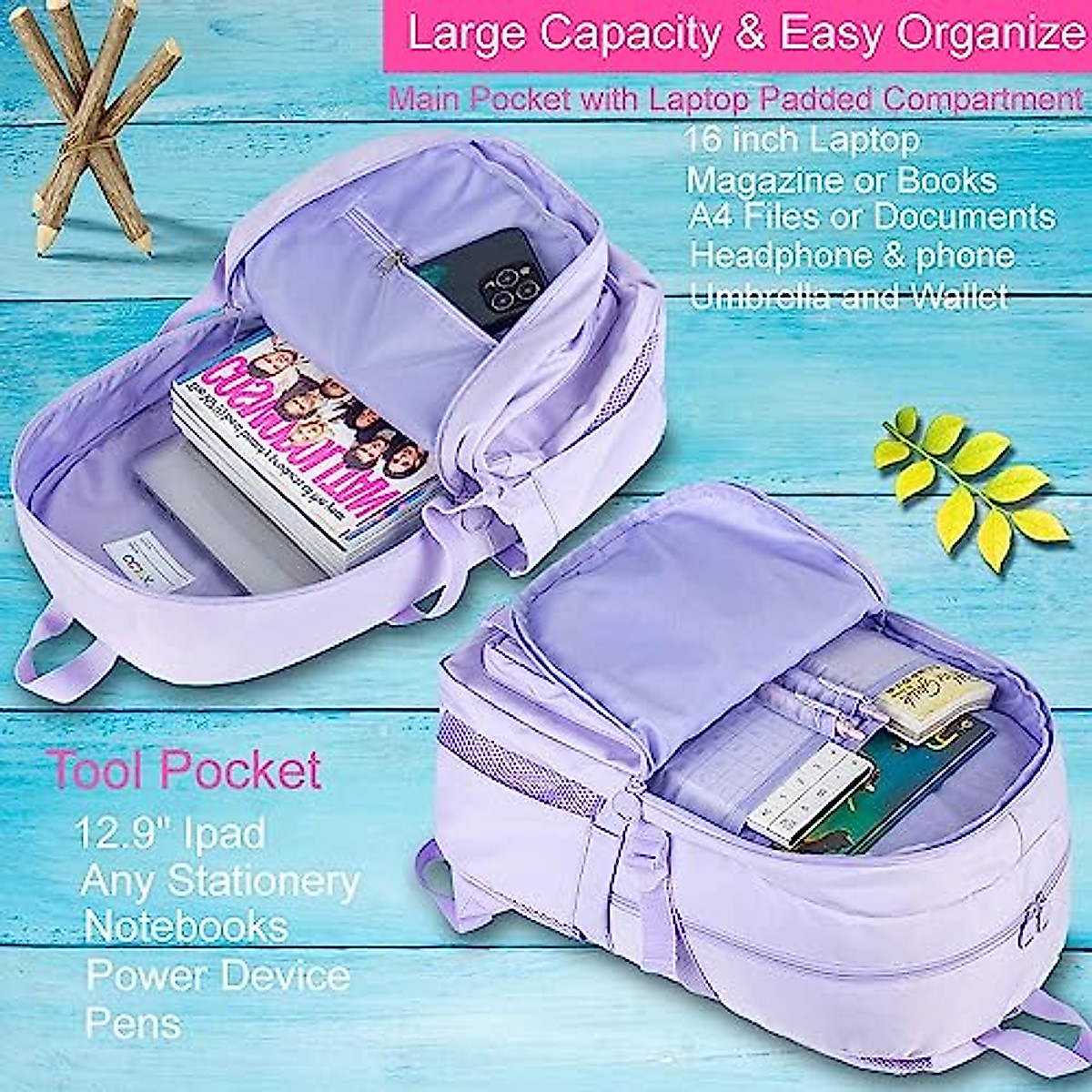 Laptop Backpack for Girls, Women College School Bookbag, 15.6" Cute Aesthetic Computer Water Resistant Anti Theft School Bags for Teens Girls Students - Purple