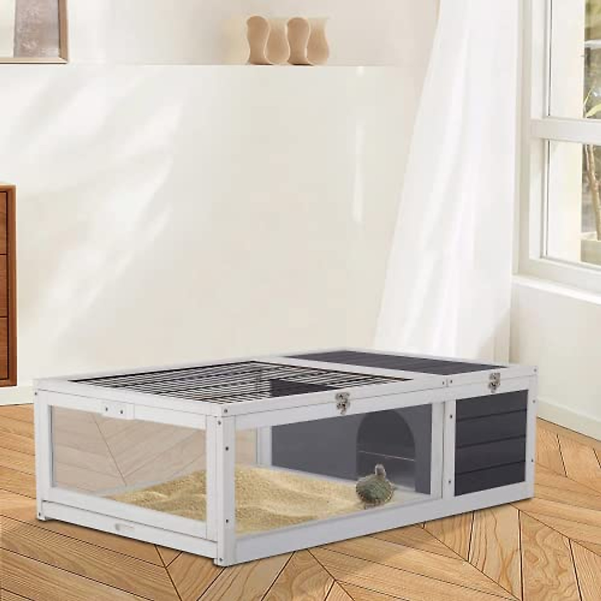 Tortoise House Wooden Turtle Habitat w/Removable Bottom, Large Reptile Cage Indoor Small Animals Habitats for Lizards, Bearded Dragon