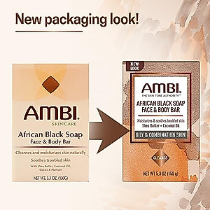 Ambi African Black Soap Face & Body Bar, Cleans and Nourishes Skin, Rinses Clear, 5.3 Ounce