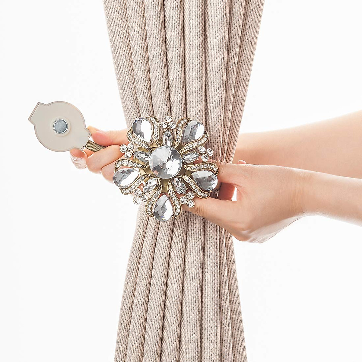 SUQ I OME Luxury Big Crystal Magnetic Curtain Tieback and Holdback Flower Curtain Clips Buckle Curtain Holder for Home Office Decoration (Bronze A,2PCS)