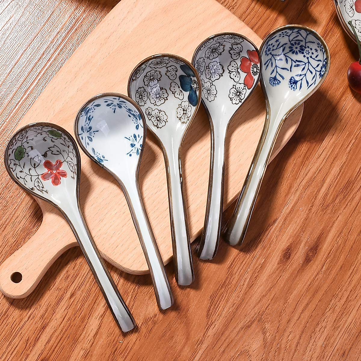 Japanese and Korean Ceramic Soup Spoons set of 5, Hand-Painted, Curved Spoons, Long Handle Rice Spoons