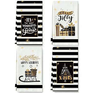 AnyDesign Christmas Kitchen Towel Black White Stripe Dish Towel Gold Snowflake Happy Holiday Tea Towel 18 x 28 Inch Farmhouse Hand Drying Towel for Cooking Baking, Set of 4