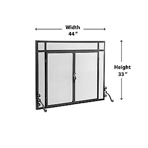 Plow & Hearth Metal Fireplace Screen Flatguard Black | 44" W x 33" H | 2 - Door | Spark Guard Indoor Grate | Iron Fire Place Cover | Wood Burning Stove Decorative Accessories