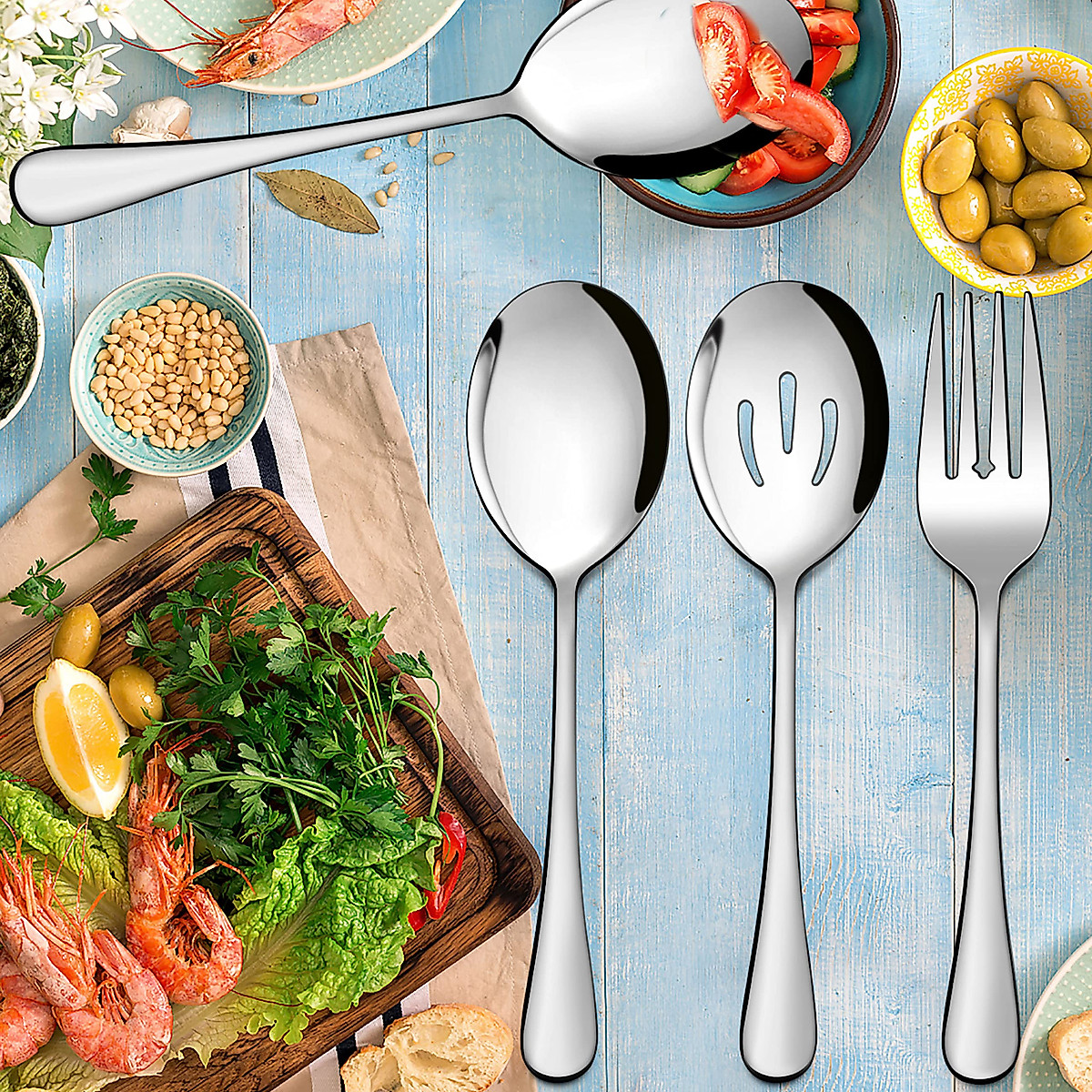 Homikit Stainless Steel 3 Large Serving Spoons, 3 Slotted Serving Spoons, 3 Serving Forks, Metal Serving Utensils Hostess Set for Food Catering Party Buffet Banquet Restaurant, Dishwasher Safe