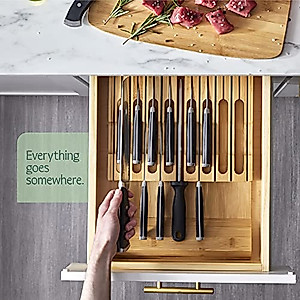 High-Grade 100% Bamboo Knife Drawer Organizer - 16 Knife Slots Plus a Sharpener Slot, Knife Organizer for Kitchen Organization, Durable, Secured, Practical, Eco-Friendly, Knife Block without Knives.