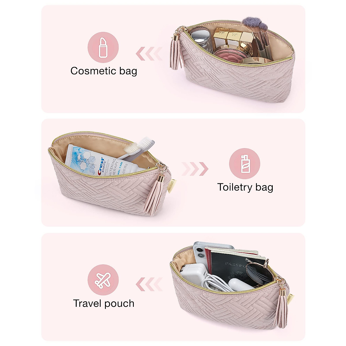 BAGSMART Cosmetic Pouch, Makeup Pouch Set,2 Pcs Small Makeup Bag for Purse,Travel Cosmetic Bag for Makeup Brushes Lipsticks Electonic Accessories, Pink+Black