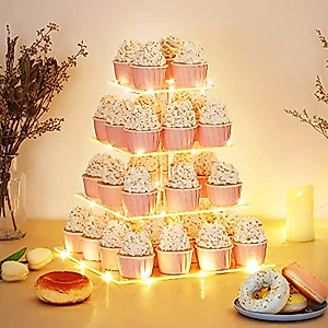 4 Tier Cupcake Stand with LED String Light, Acrylic Display Stand, Square Tower Holder, Cup Cake for Birthday, Wedding, Baby Shower, Party