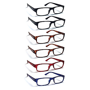 Boost Eyewear 6 Pack Reading Glasses, Traditional Frames in Black, Tortoise Shell, Blue and Red, for Men and Women, with Comfort Spring Loaded Hinges, Assorted Colors, 6 Pairs (2.75, 9, 2, 0, 0, 6)
