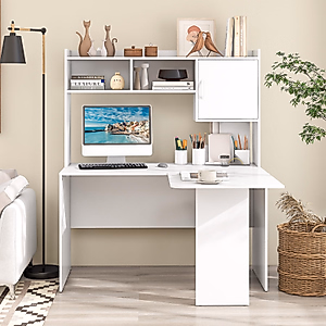 Giantex L Shaped Desk with Hutch, Corner Computer Desk with Storage Shelf & Cabinet, Laptop PC Table Gaming Desk Workstation, Modern Executive Study Writing Desk for Home Office, Bedroom, White