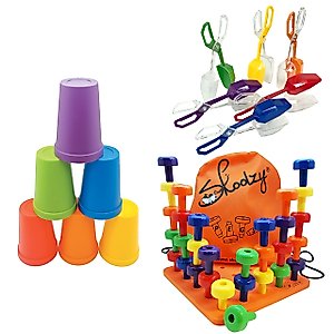 Skoolzy Peg Board Set - Rainbow Stacking Cups - Scissor Tongs for Toddlers