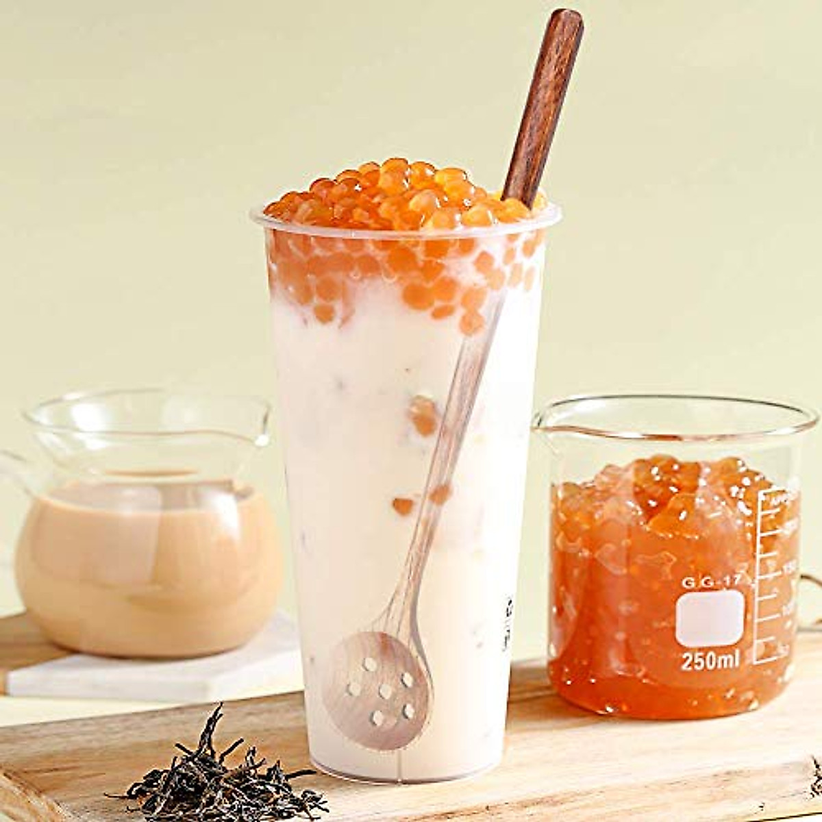 1 PC Korean Style 10.9" Long Handle Wooden Round Slotted Spoons for Jam Olive