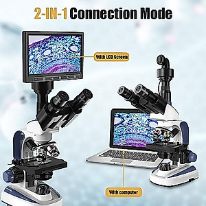 EDKKIE 40X-2500X Lab Compound Trinocular Microscope Built-in 5MP Camera with 7’’ Screen, Wide-Field 10X and 25X Eyepieces, Dual Illumination System, Double Layer Mechanical Stage