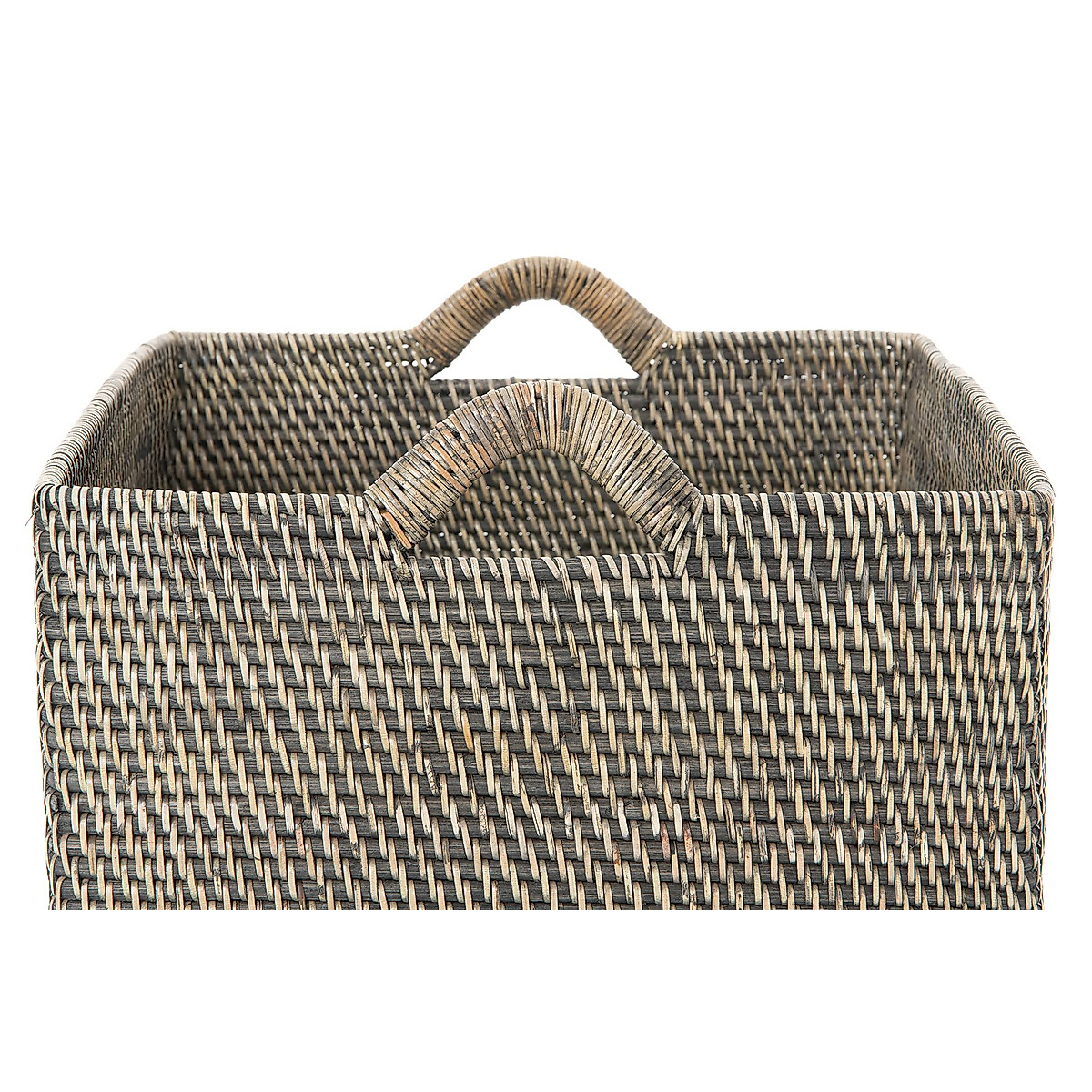 Loma Rectangular Rattan Storage Basket with Handles - Large - Black-Wash - Coastal-Inspired Handwoven Rattan Basket for Home Organization & Décor