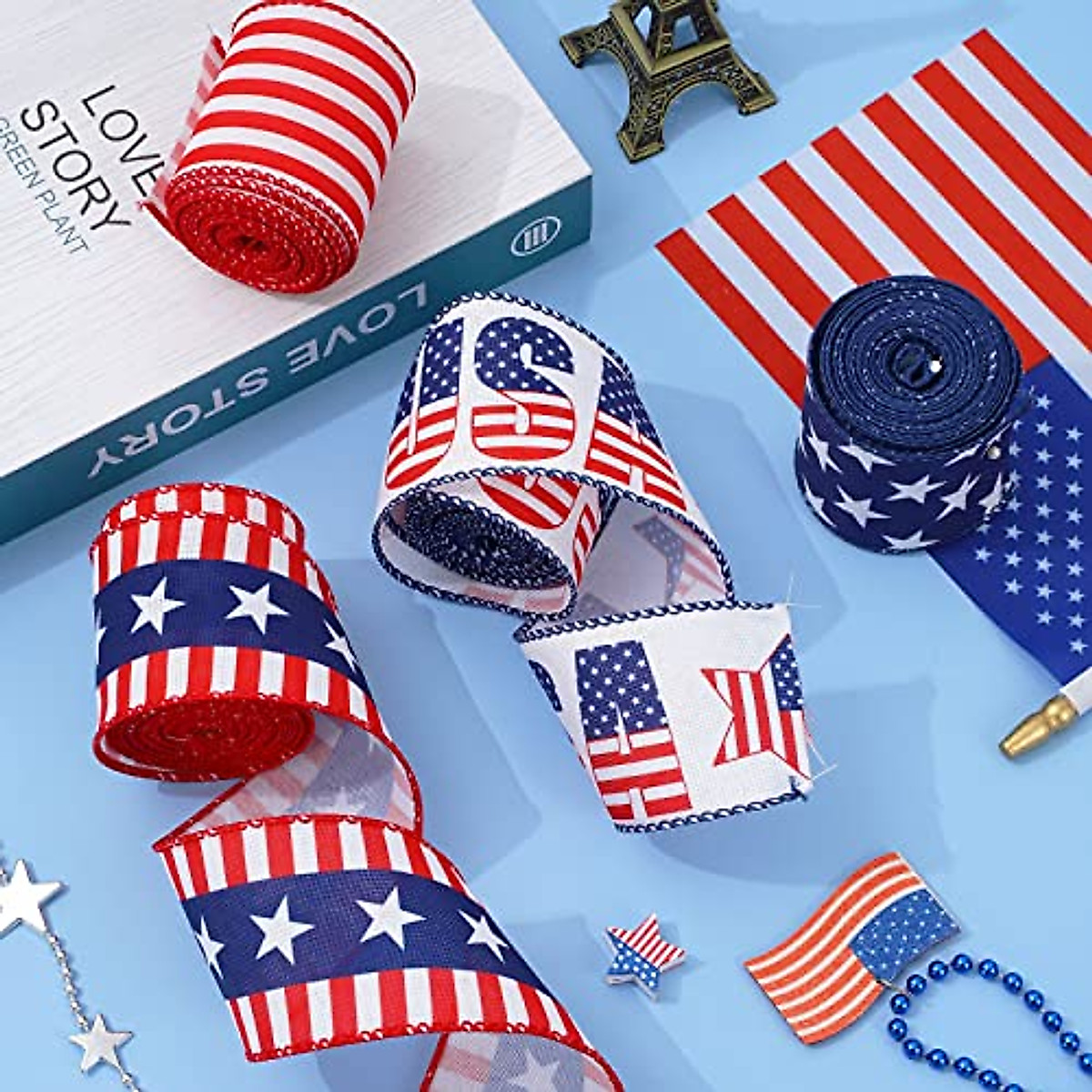 AnyDesign Patriotic Wired Edge Ribbon 24 Yards USA Flag Stars Stripes Craft Fabric Ribbon 4th of July Decorative Wrapping Ribbon for Independence Day Memorial Day Wreath Bow Making DIY Crafts, 4 Roll