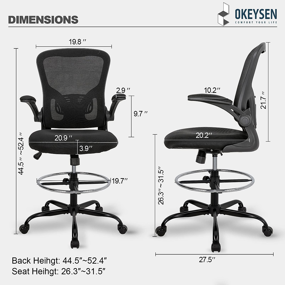 Drafting Chair Tall Office Chair, Standing Desk Chair 3.9'' Cushion, Ergonomic Mesh Computer Chair with Adjustable Foot Ring & Flip-Up Arm, Executive Rolling Swivel Stool for Office & Home. (Black)
