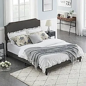 GAOMON Queen Bed Frame with Headboard Adjustable Upholstered Bed Frame Queen Size with Nailhead Trim Headboard, Mattress Foundation, Strong Wood Slat Support, No Box Spring Needed, Dark Grey