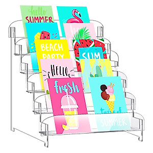 Yalikop 5 Tier Acrylic Greeting Card Display Stand Portable Greeting Card Display Rack Storage Sticker Greeting Card Organizer Stamp Postcard Mail Greeting Card Holder for Retail Counter Desk