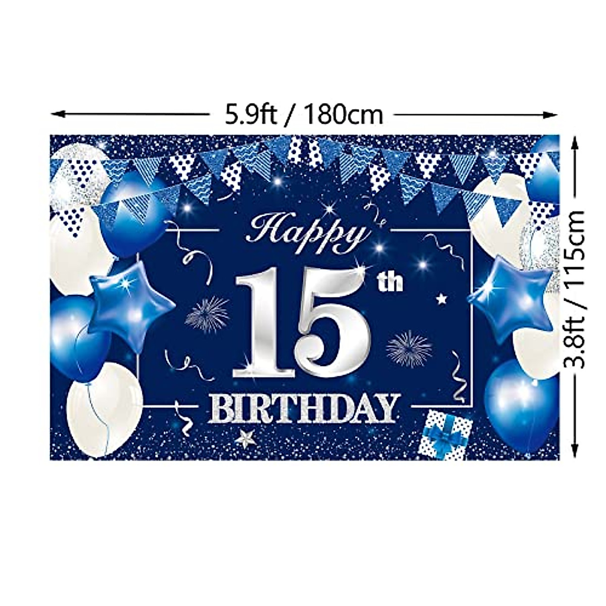 P.G Collin Happy 15th Birthday Banner Backdrop Sign Background, 15 Birthday Party Decorations Supplies for Boys Girls 6 x 4ft Blue Silver, Blue-15 (HB15-FH)
