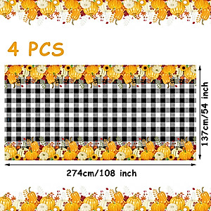 peony man 4 Pieces Fall Plaid Tablecloth Plastic Pumpkin Table Cover Black White Buffalo Checkered with Disposable for Dining Kitchen Thanksgiving Autumn Party, 54 x 108 Inch