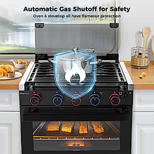 CAMPLUX Elite RV Propane Oven Stove Combo 17 Inches, 1.27 Cu.ft. Gas Oven Stove with 3 Burners, Total Output 28,100 BTU/Hr, Gas Ranges for RV, Apartment or Mini Kitchen, Black RGP17MGB