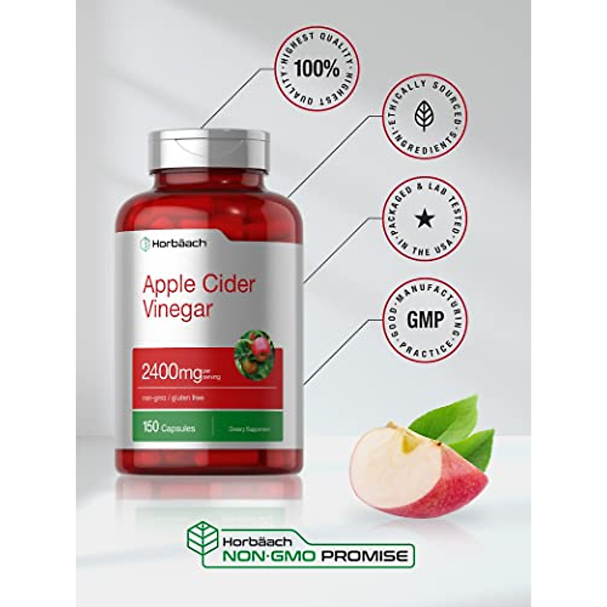 Horbäach Apple Cider Vinegar Capsules | 2400mg | 150 Count | Non-GMO, Gluten Free Supplement