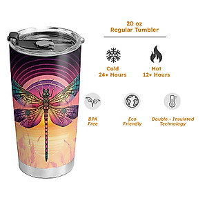 ORCAE 20oz Colorful Hippie Dragonfly Tumbler, Gifts for Dragonfly Lovers, Coffee Thermos for Women, Stainless Steel Double Wall Vacuum Insulated Coffee Mug, Travel Cup with Lid - B