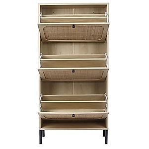 Rattan 3-Drawer Shoe Cabinet Rustic Freestanding Shoe Rack Organizer Wooden Entryway Narrow Shoe Storage Cabinet w/Natural Rattan Flip Doors for Closet Hallway Small Space(1 Pack-Natural)