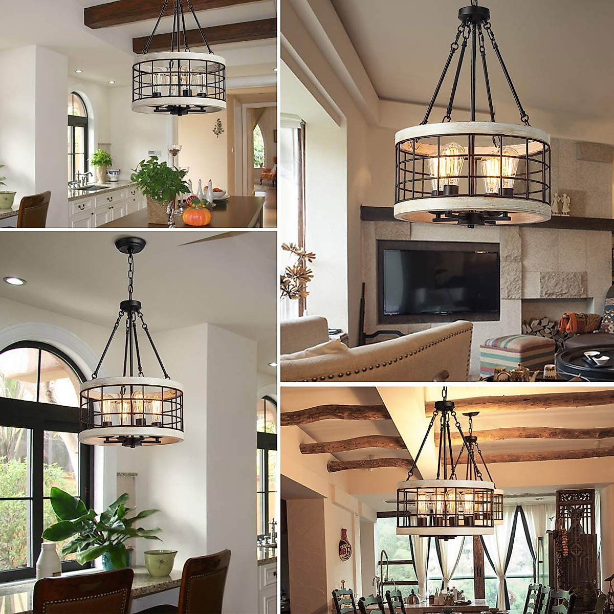 TZOE White Oak Wood Color&Black Metal Finish 4-Light Chandeliers for Dining Rooms,Farmhouse Drum Chandelier,Rustic Small Pendant Light