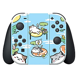 PlayVital Full Set Protective Stickers for Nintendo Switch OLED Model, Customized Vinyl Decal Skins for Switch OLED Console & Joycon & Dock & Grip - Pool Party Kitten