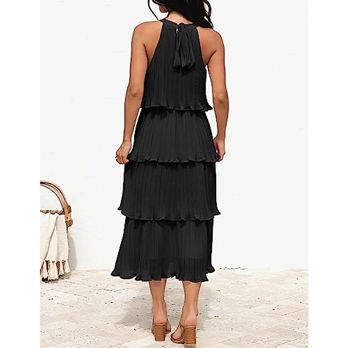 ZESICA Women's 2023 Summer Sleeveless Halter Neck Ruffle Tiered Layed Chiffon Flowy Swing Long Midi Dress,DarkBlack,Large
